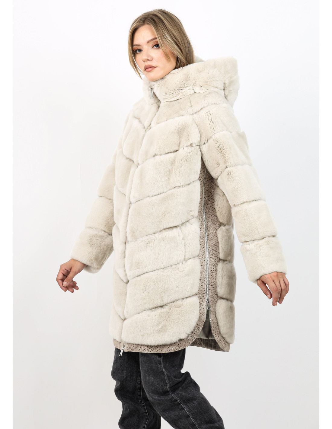 Haină din Blană de Iepure Chinchilla Rex Model Mara